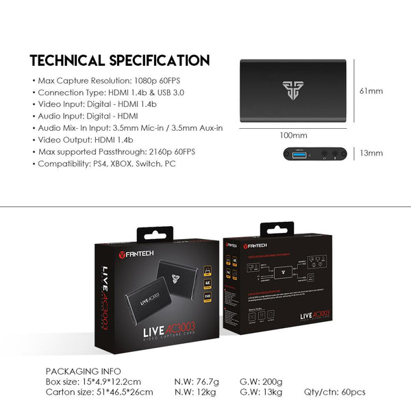 FANTECH AC3003 LIVE VIDEO CAPTURE CARD GAMING CAPTURE CARD – Makotek ...