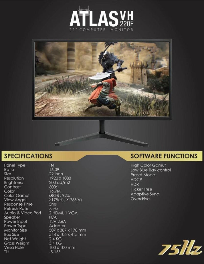 GAMDIAS ATLAS VH220F 75HZ 21.5 INCH MONITOR – Makotek Computer Sales Inc